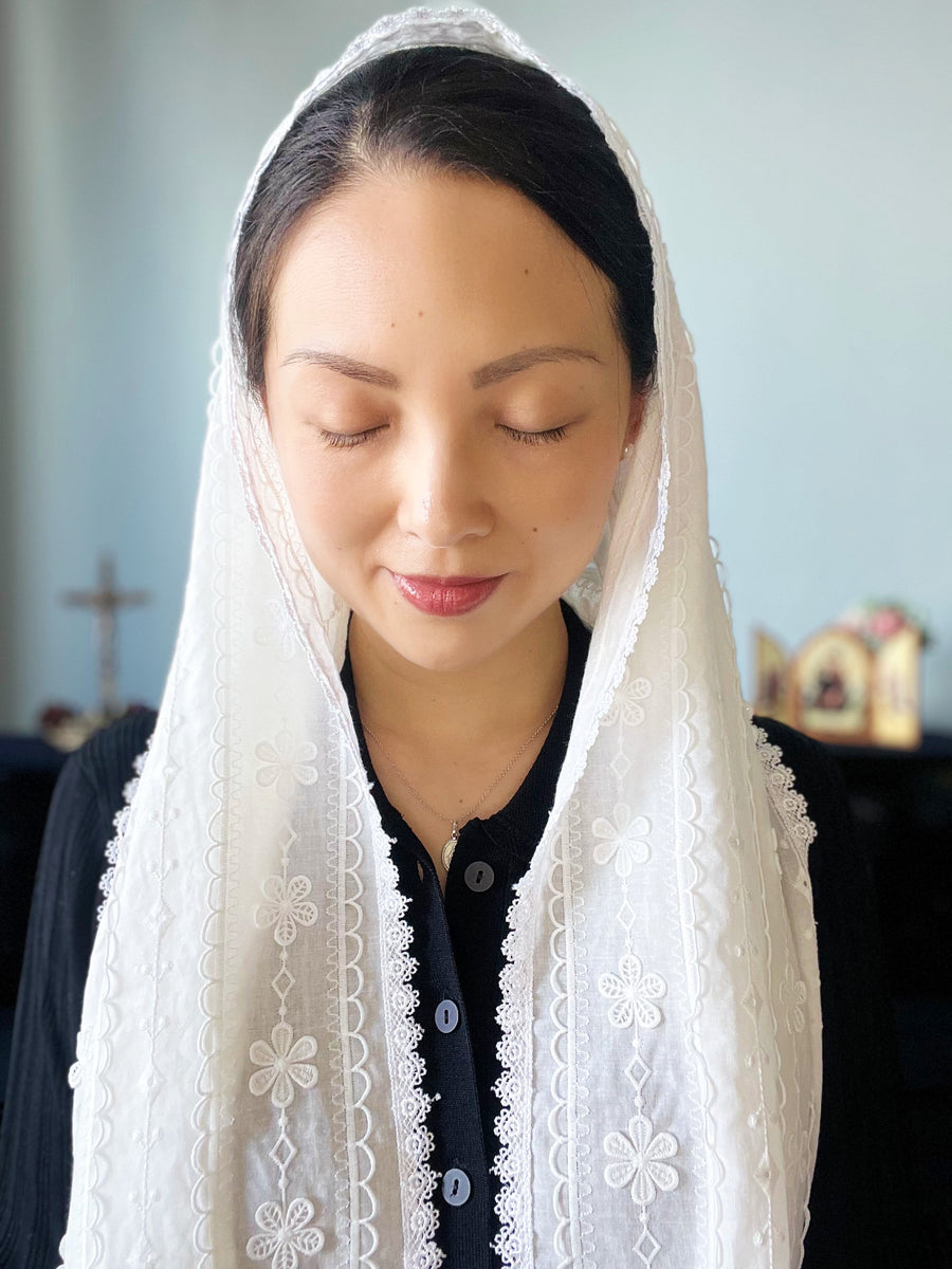 "1 Samuel 1:27-28" 3D Embroidery Cotton Wrap Veil (White) – Filia Dei Veils