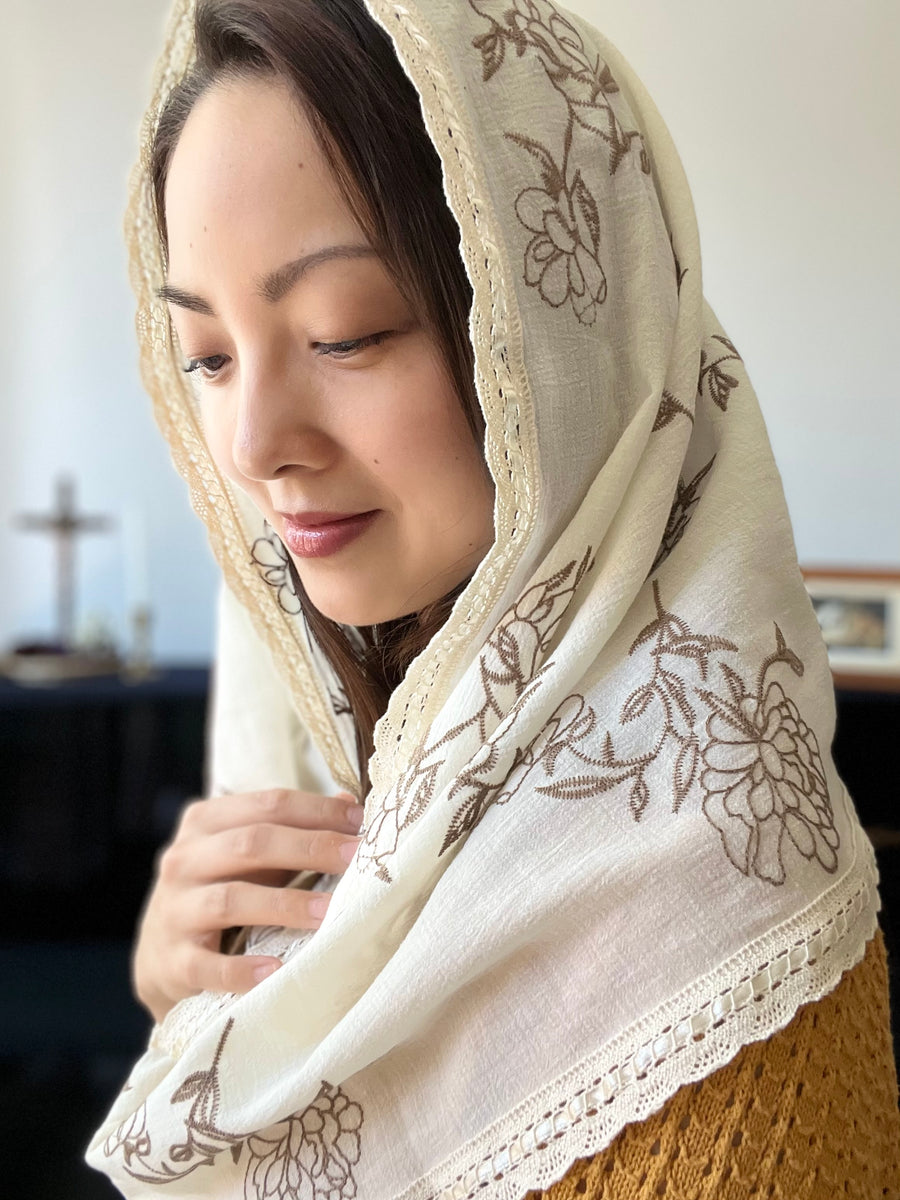 St. Teresa Margaret of the Sacred Heart Cotton Infinity Veil (Cream/Br ...